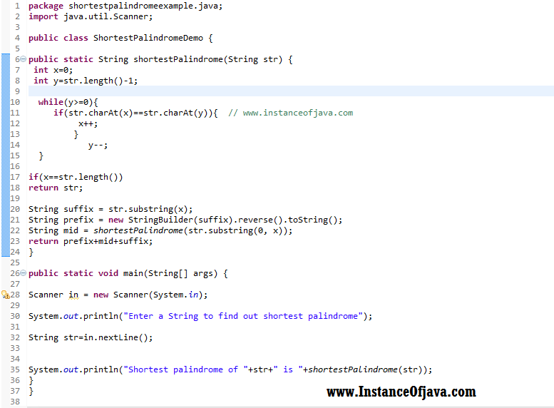 Java Program To Find Shortest Palindrome In String Instanceofjava