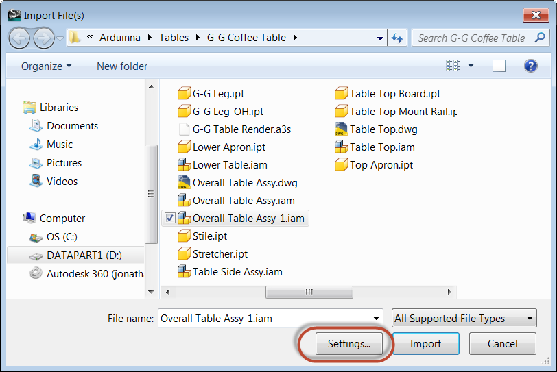Choosing the import settings