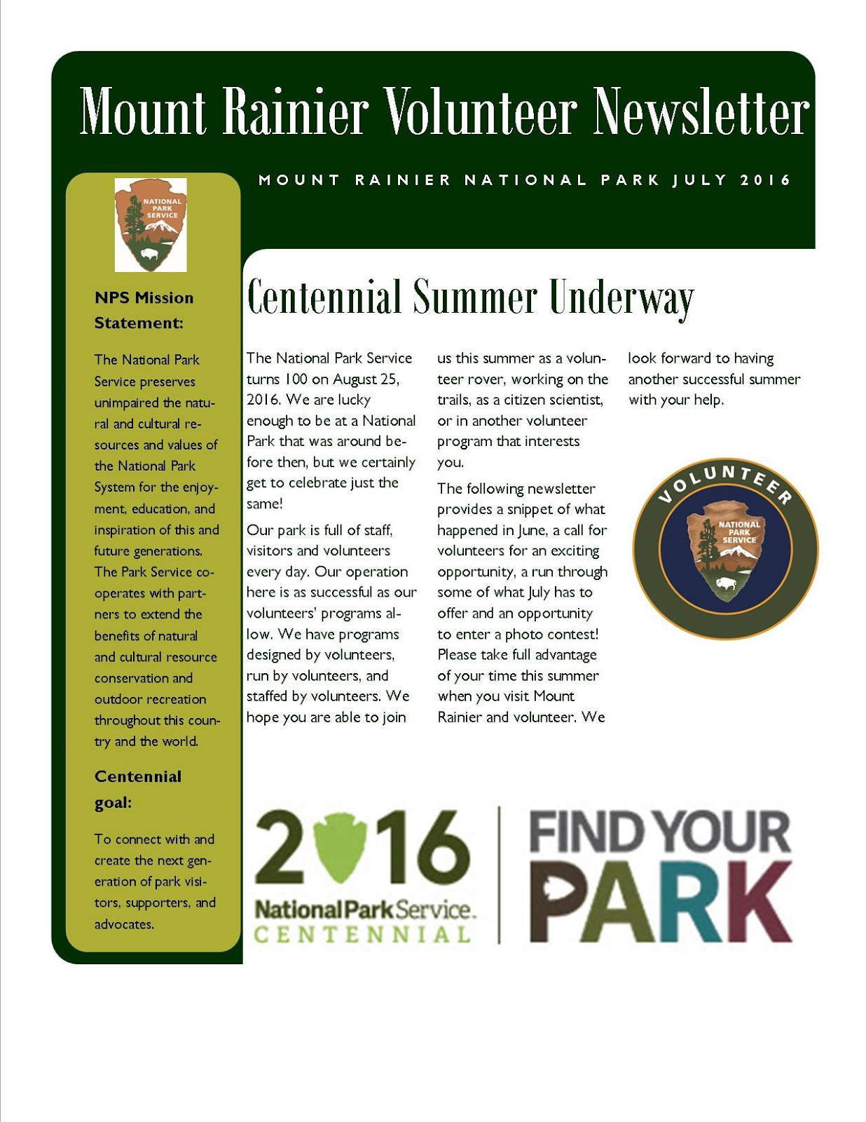 Mount Rainier Volunteers: The NEW Newsletter - July 2016