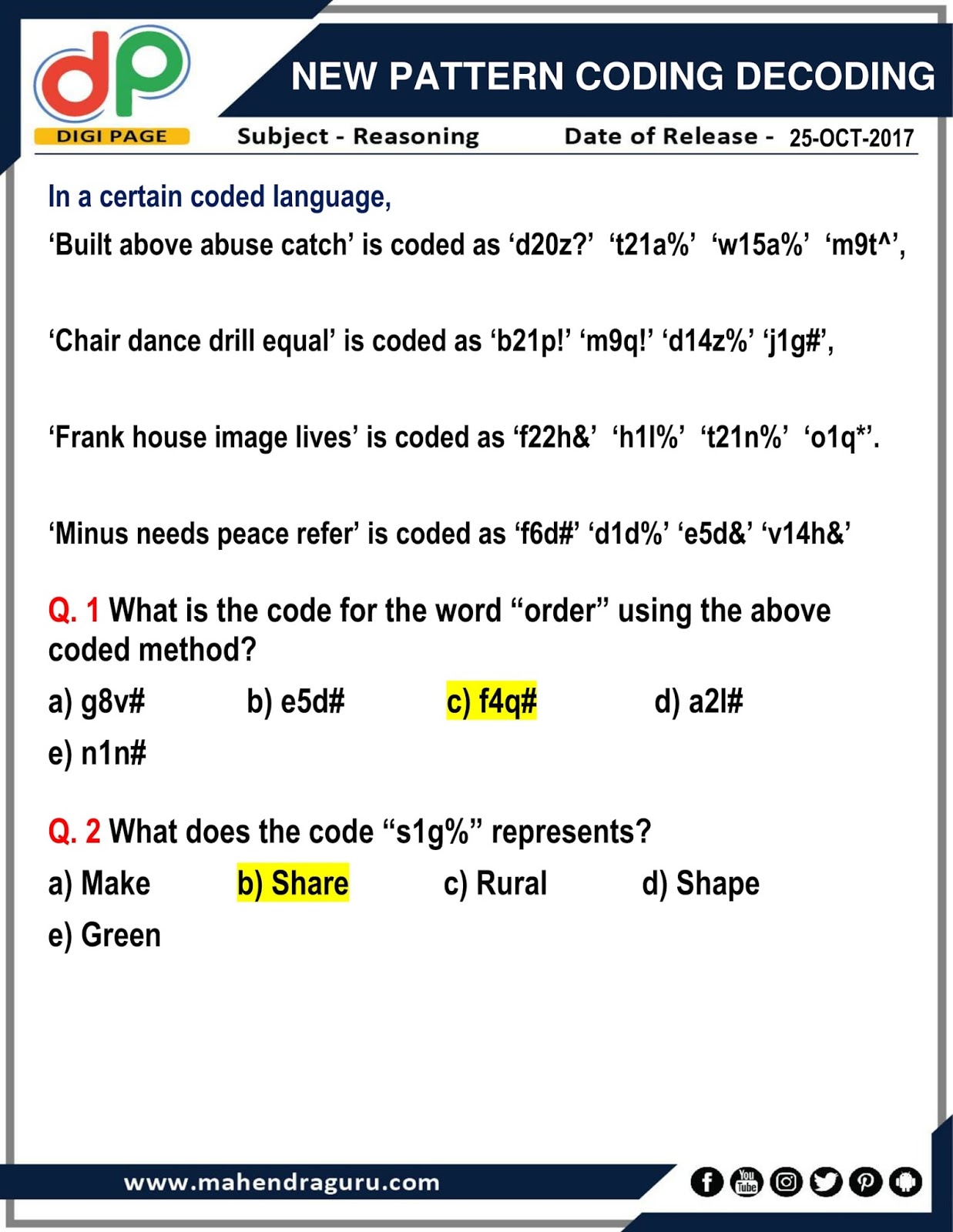 Dp New Pattern Coding Decoding For Ibps Rrb Po Mains 25 10 17