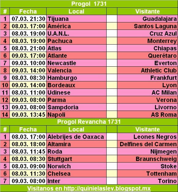 Quinielas.lev: Calendario y Datos Para La Quiniela Progol Y Revancha 1731 de México.