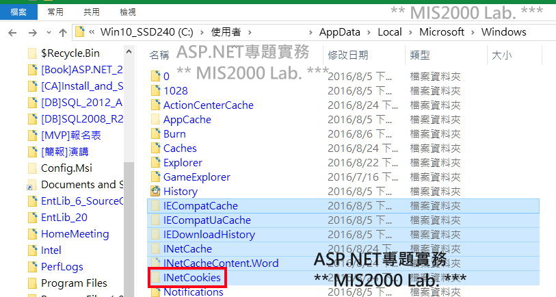 MIS2000 Lab. - ASP.NET專題實務 & WebForm +MVC 遠距教學: Win10的 IE 11 瀏覽器，Cookie放置路徑 (資料夾)