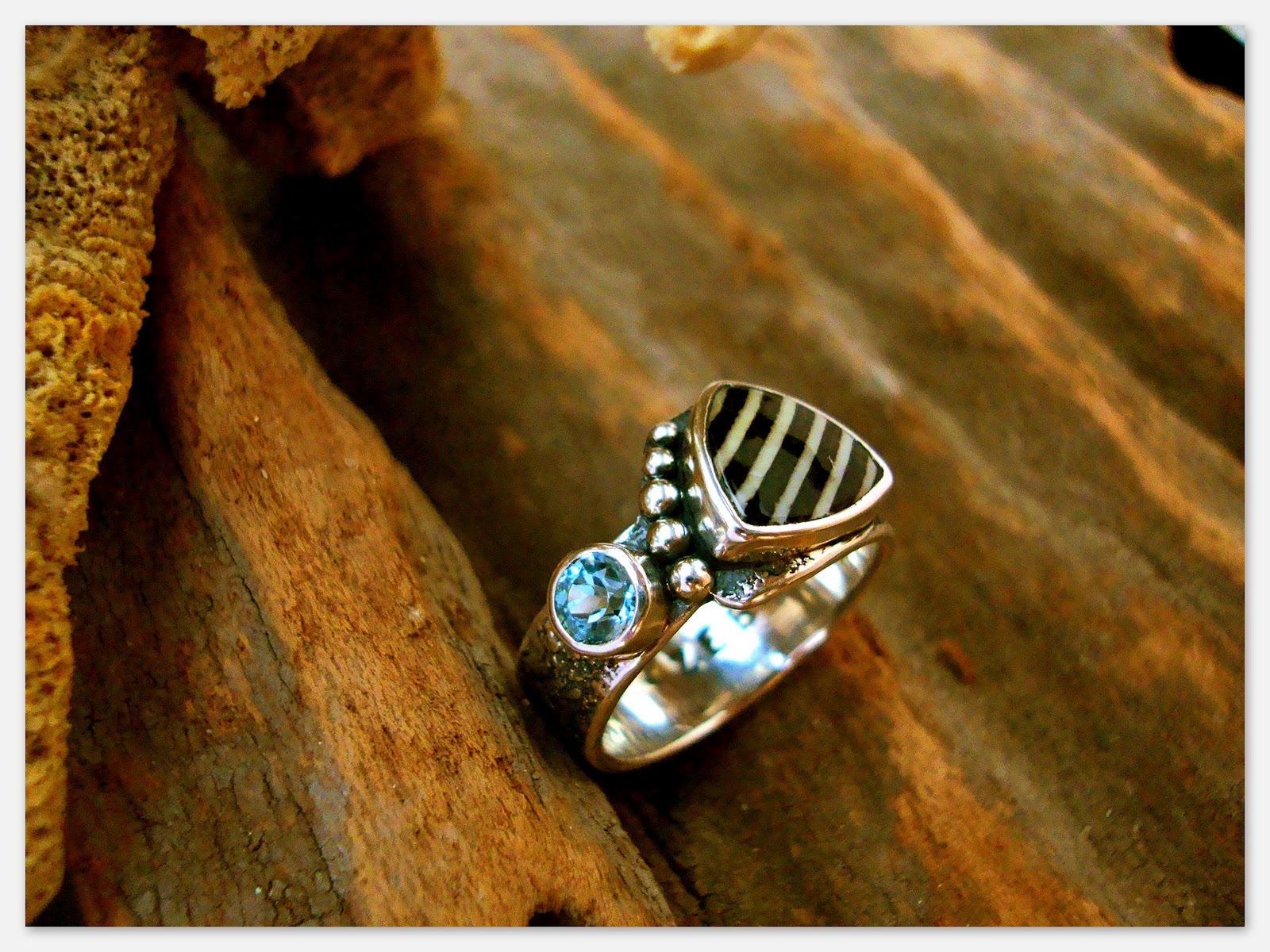 EK Art Jewelry Tamarindo Costa Rica: Aquamarine and zebra seashell ring
