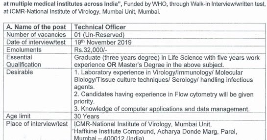 NIV Pune Virology/Immunology Technical Officer Openings