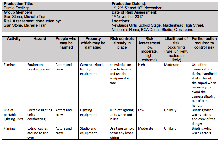 Sian Stone A2 Media Studies: Risk Assessment