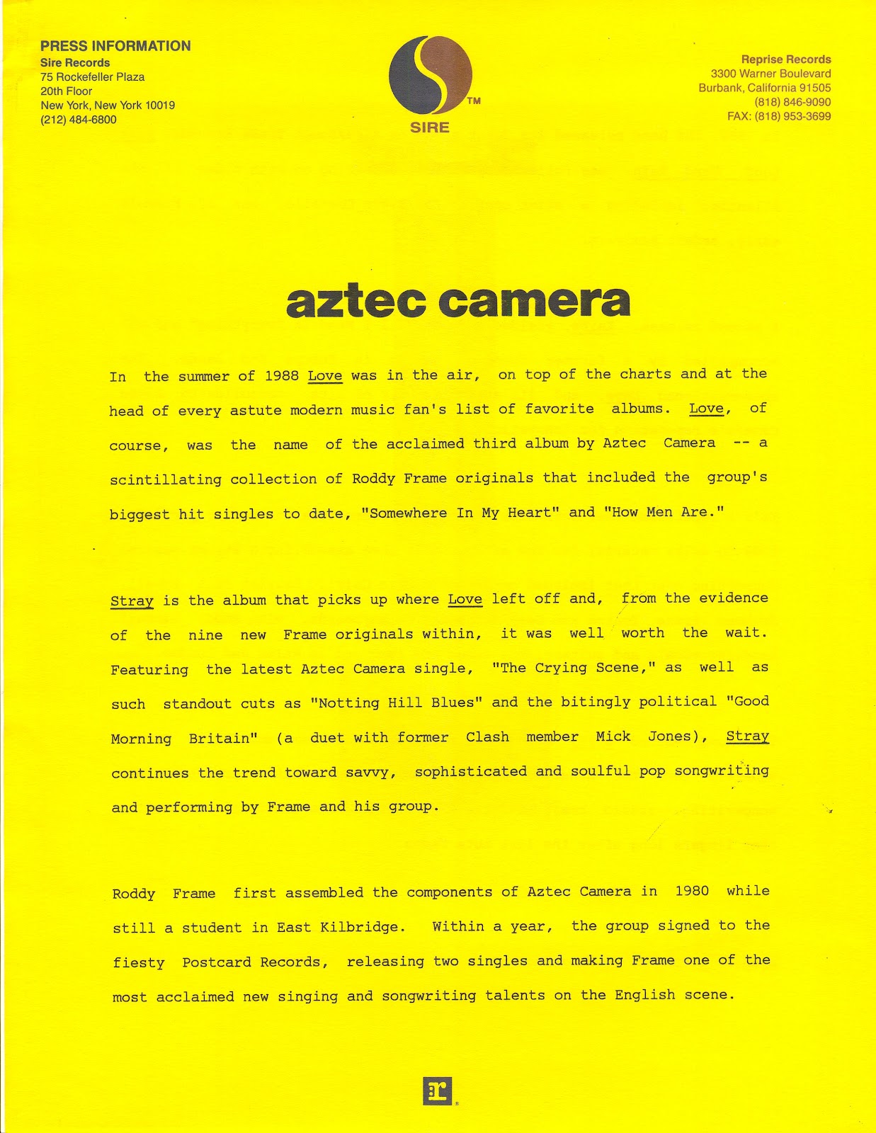 Lansure's Music Paraphernalia: AZTEC CAMERA | RODDY FRAME | Press Kits ...