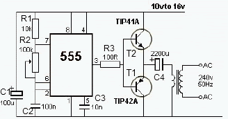 12V Power Inverter using 555 Timer Circuit Diagram