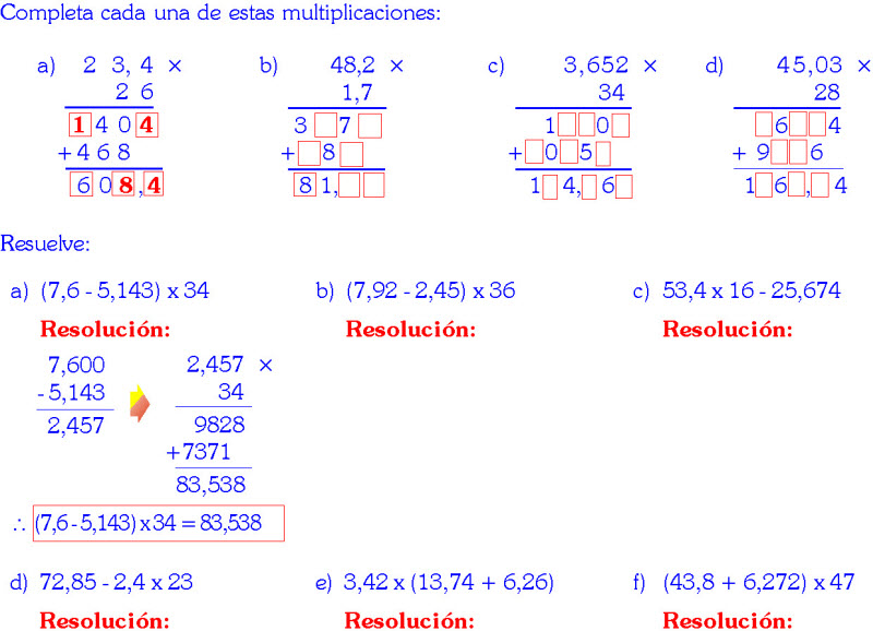 MULTIPLICACION DE NUMEROS DECIMALES EJEMPLOS Y EJERCICIOS RESUELTOS EN ...