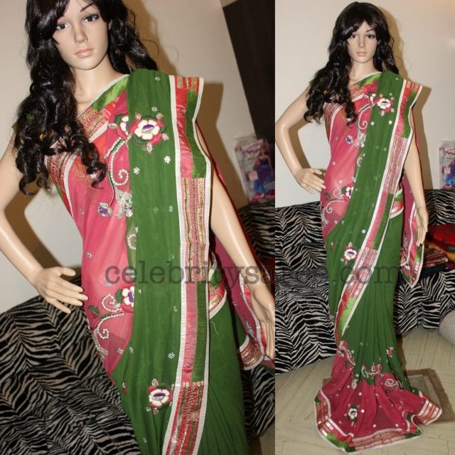 Woolen Flower Work Designer Saree - Saree Blouse Patterns