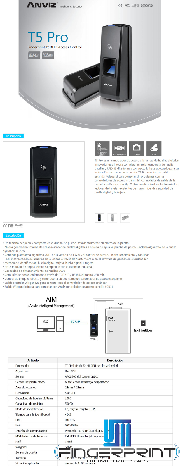 Fingerprint Biometric s.a.s: Lector biometrico T5 Pro