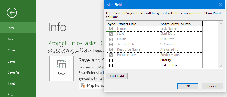 More SharePoint: Syncing fields from Project Pro to SharePoint Online