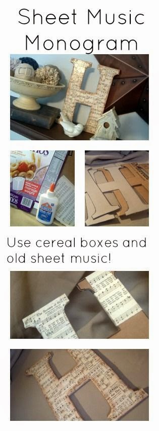 Make a sheet music monogram from cereal boxes and old sheet music ...