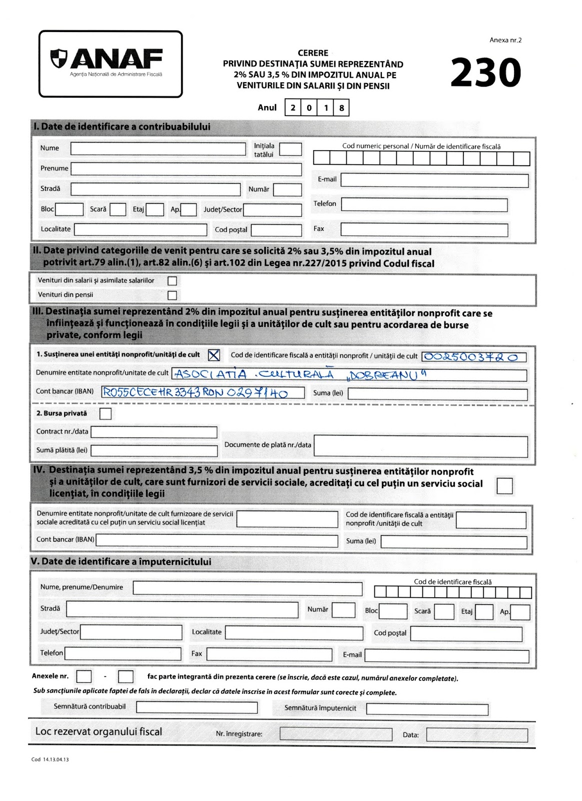 ASOCIAȚIA CULTURALĂ „DOBREANU”: FORMULAR 230 ANAF/ 2018