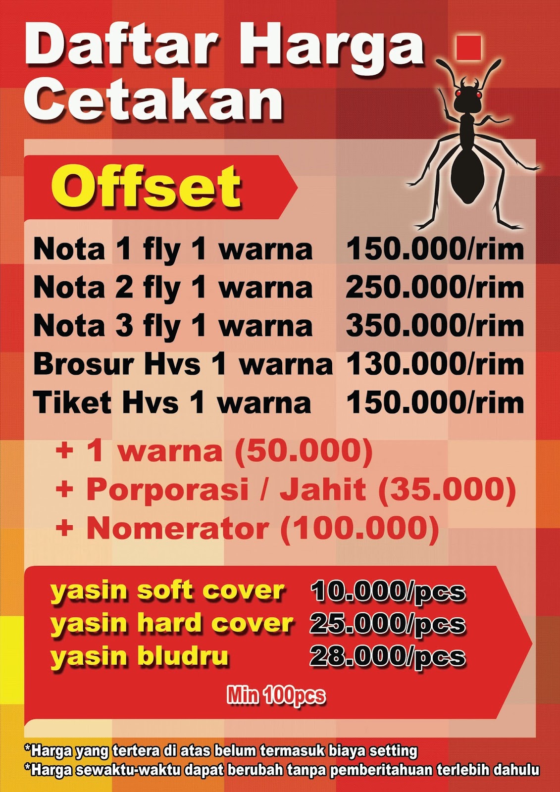 DAFTAR HARGA CETAKAN OUTDOOR, INDOOR,OFFSET,A3+,A4 & JASA DESAIN