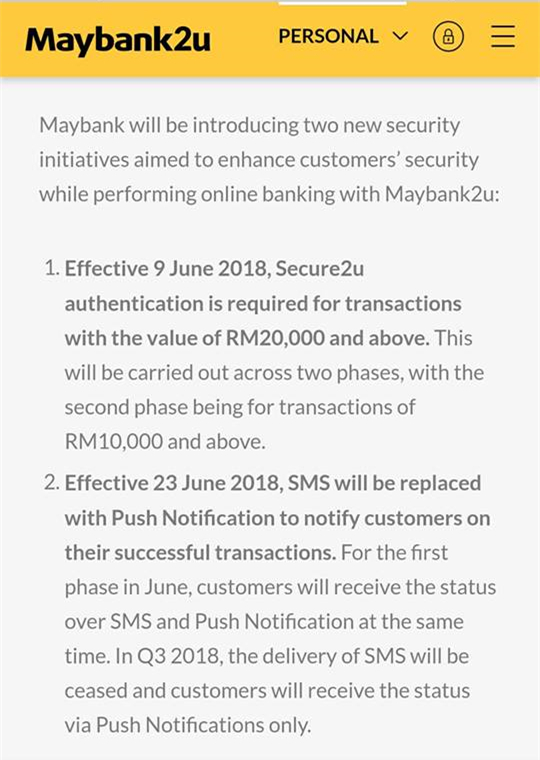 Maybank App Push Notification将会逐步取代SMS通知