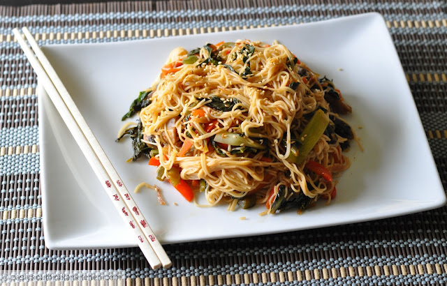 Japchae: Korean sweet potato noodles with Gai lan (Chinese Broccoli ...