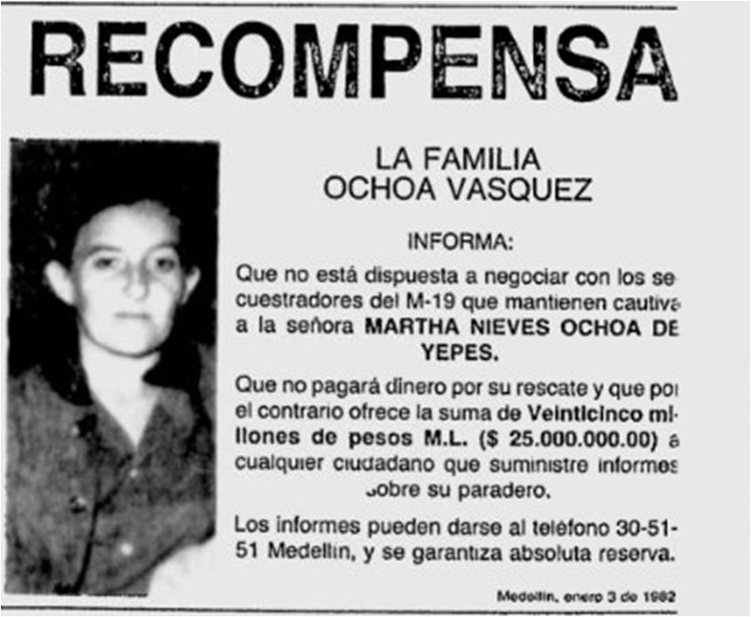 Proyecto Pablo Escobar: Avisos de recompensa por informes sobre Martha ...
