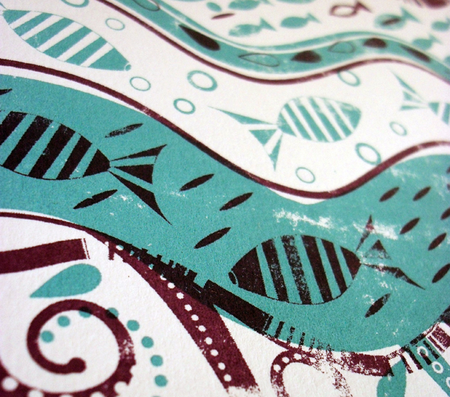 Printmaking and Mixed Media: Fish in the Waves - Screen print, blue and ...