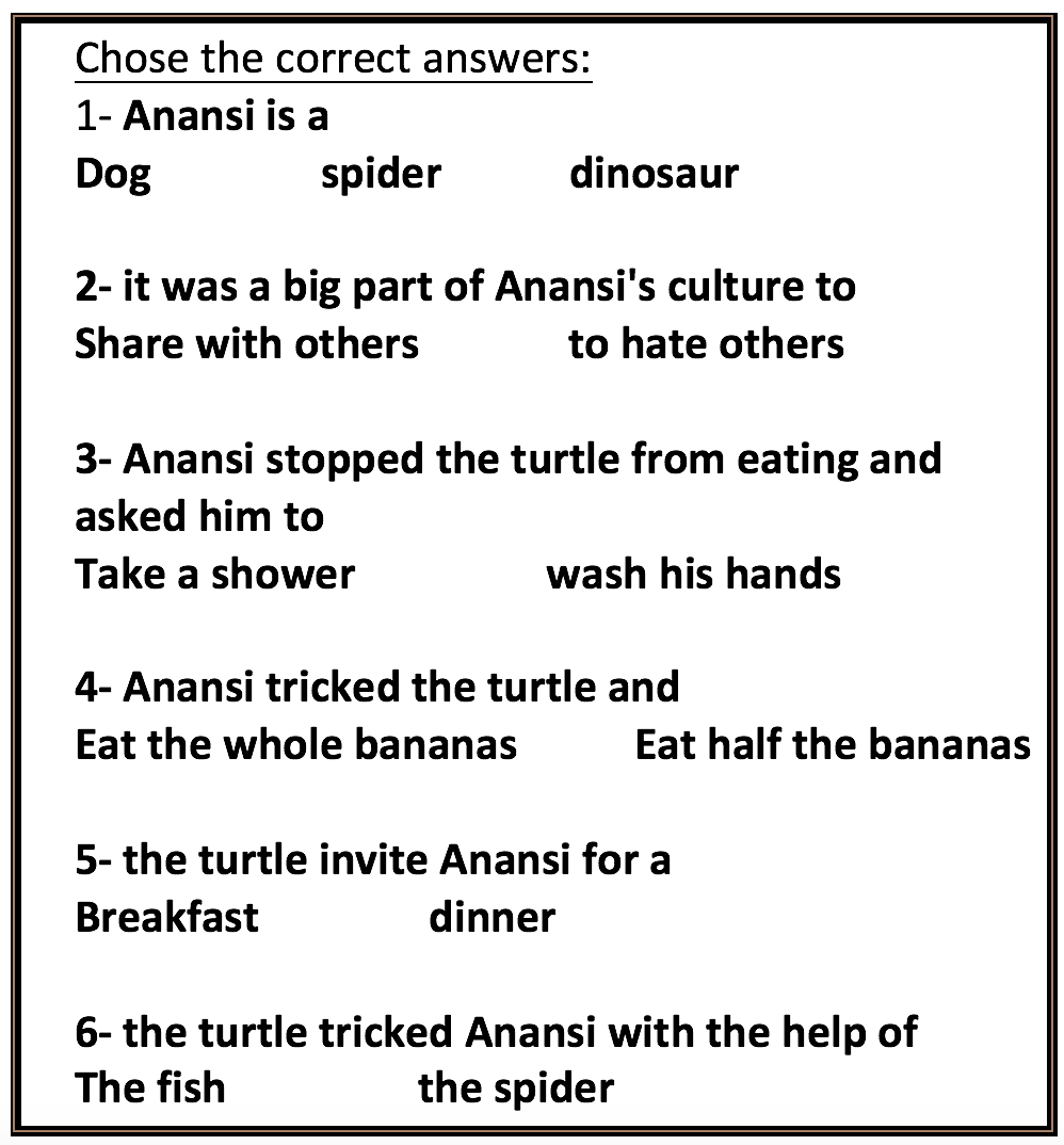 Teacher Norah Blog: "Anansi Learns a Lesson" worksheet ورق عمل