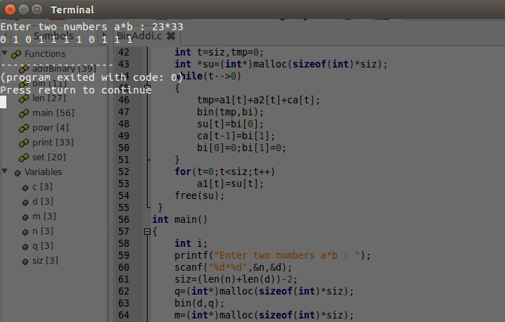 Binary Multiplication in C