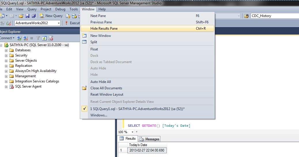 All about SQLServer: SSMS 2012 - Show/Hide Results Pane