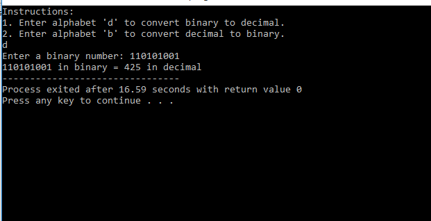 C Program For Convert Binary Number To Decimal Or Decimal Number To Binary Using Function