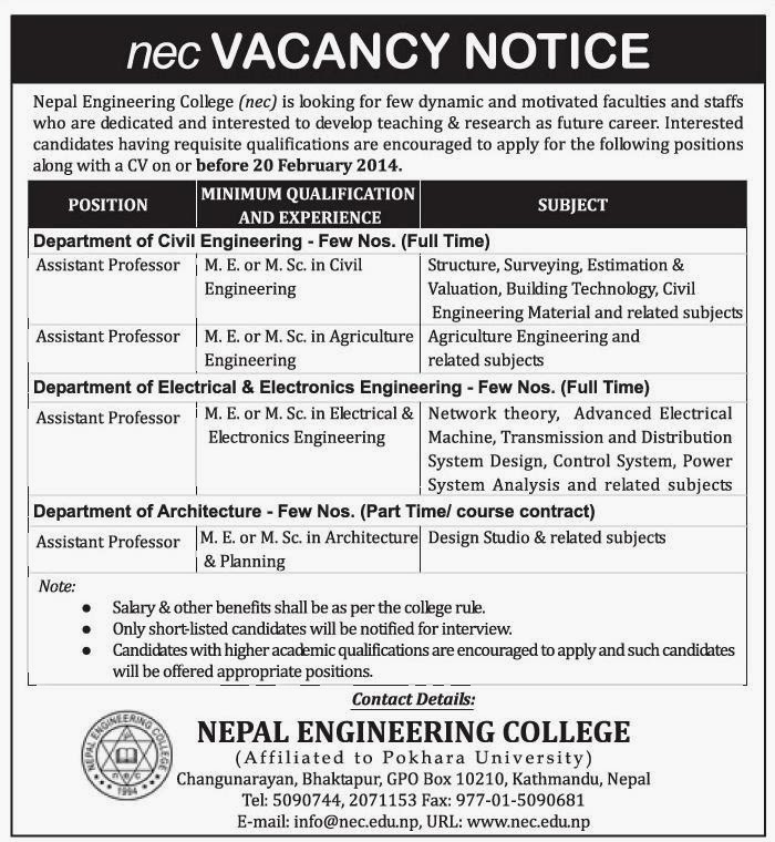 Various Faculties Vacancy - Nepal Engineering College (nec) | Engineerको घर