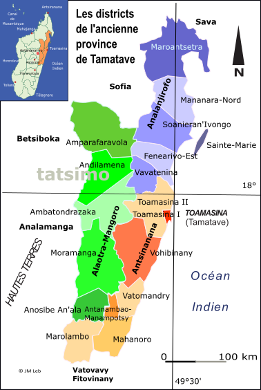 Tatsimo: Carte des districts de l'ancienne province de Tamatave