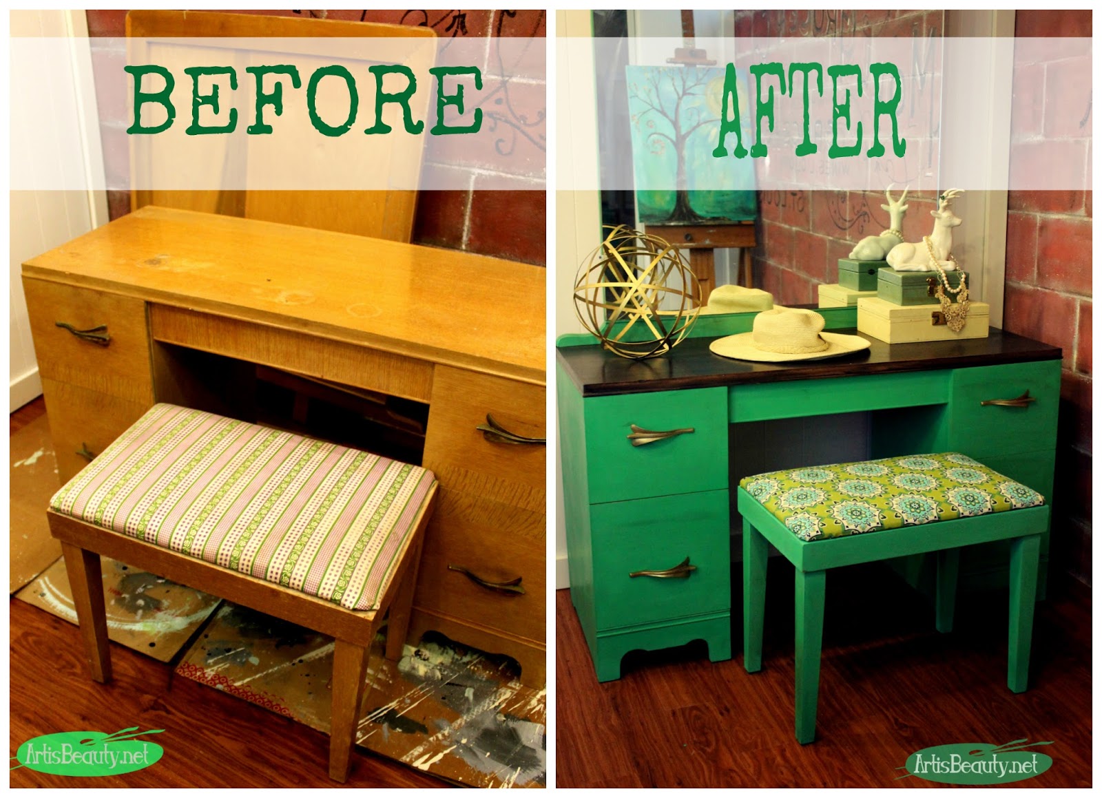 ART IS BEAUTY: Art Deco Vanity and Bench Custom Green Makeover