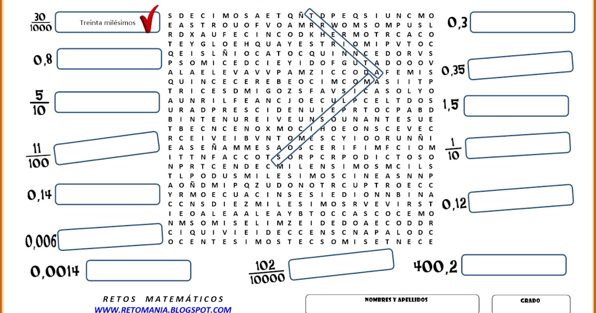 SOPA DE LETRAS - DECIMALES ~ RETOS MATEMÁTICOS