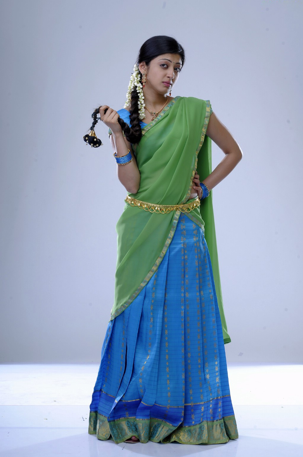Actress Pranitha In Green Blue Half Saree Picture Gallery