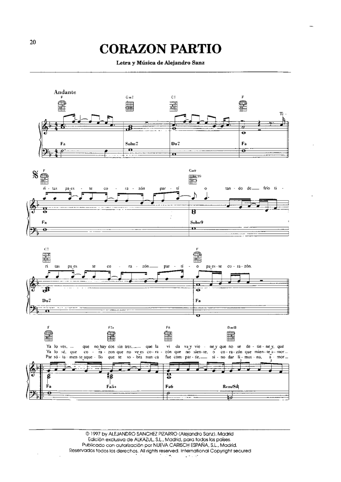 Partitura De Alejandro Sanz Corazón Partio Para Piano Partituras De