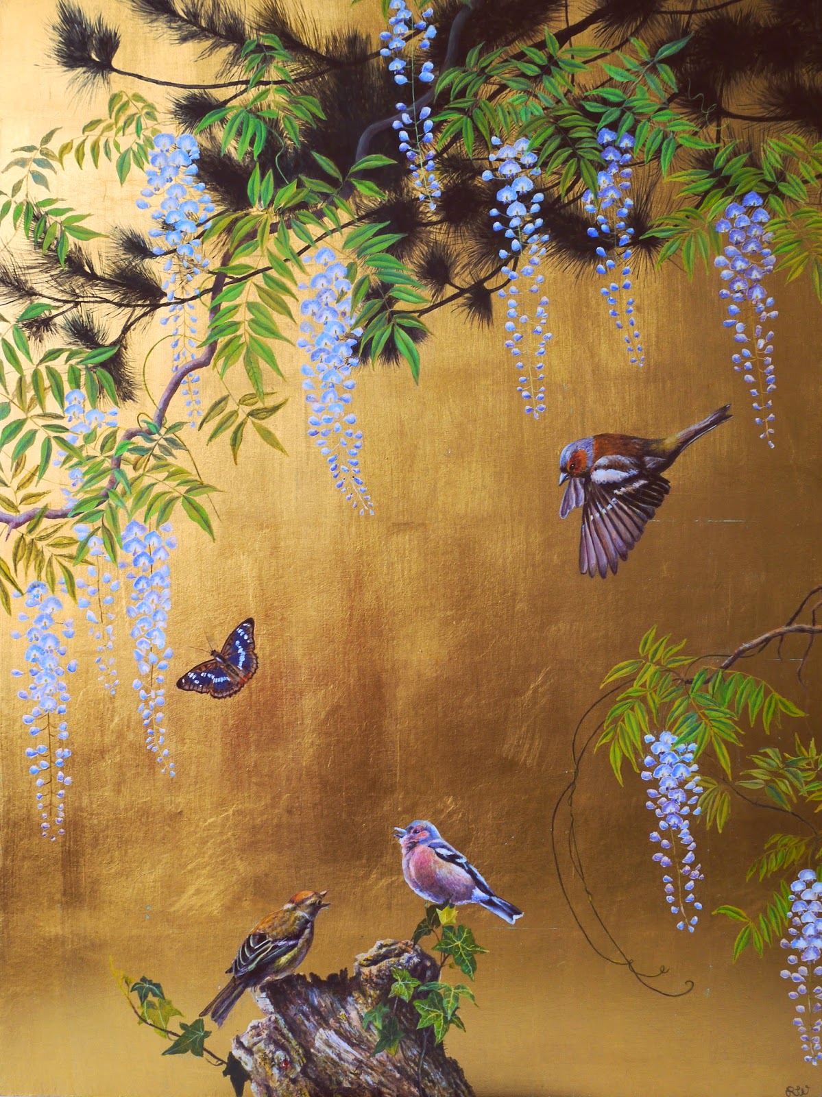 Ruth Winding: Wisteria With Chaffinches- acrylic on 23.5ct gold leaf ...