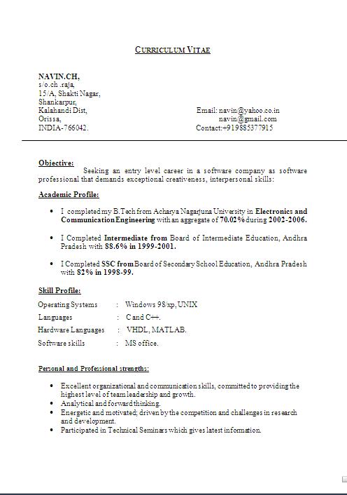 simple curriculum vitae format