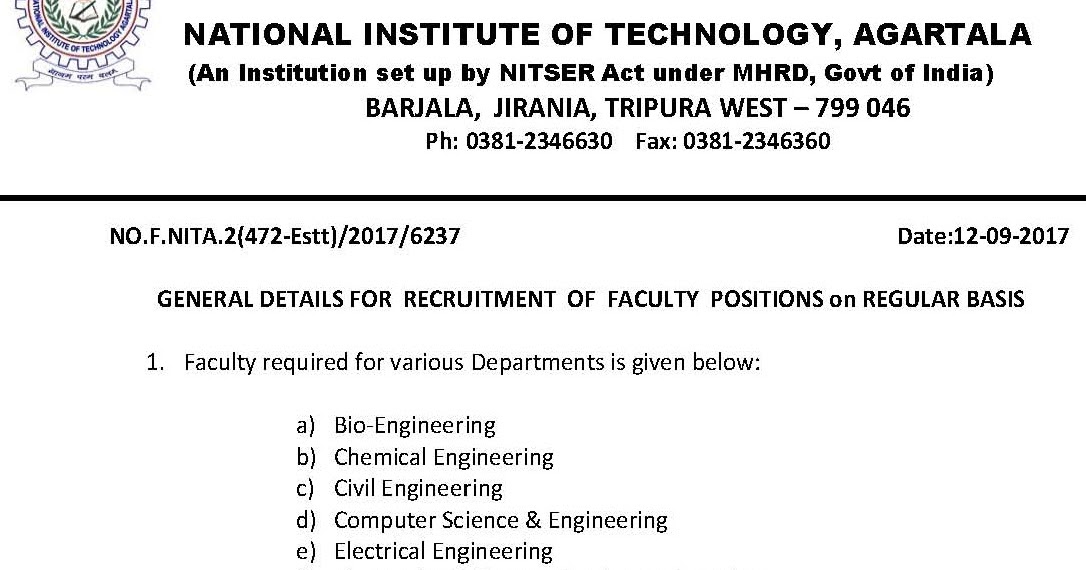 NIT Agartala Bio-Engineering Faculty Jobs 2017