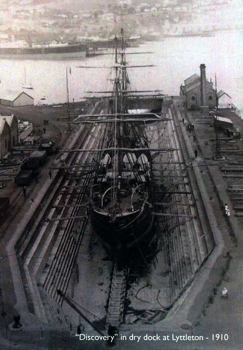 transpress nz: the Antarctic ship 'Discovery' in dry dock at Lyttelton 1910