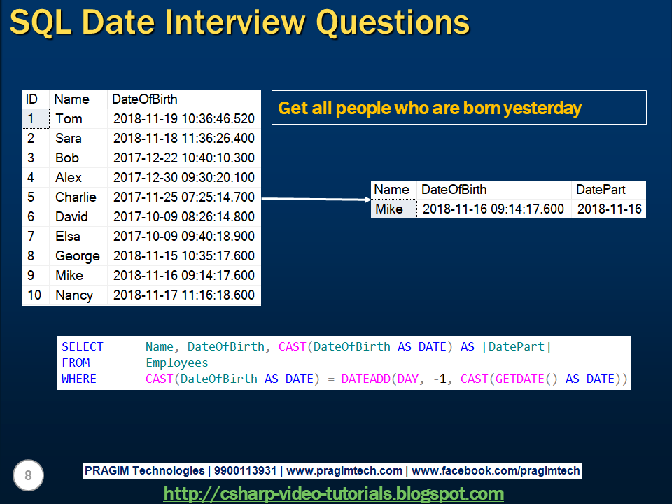 Sql server, .net and c# video tutorial: Sql date interview questions - Slides