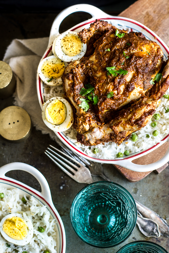 Steamed Masala Whole Chicken (Murgh Musallam) and Rice with Peas ...