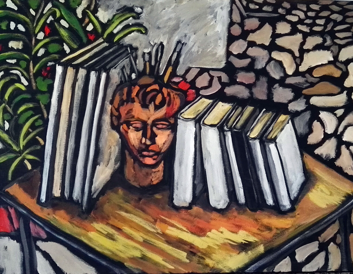 fondonegro: Bodegón con libros y escultura