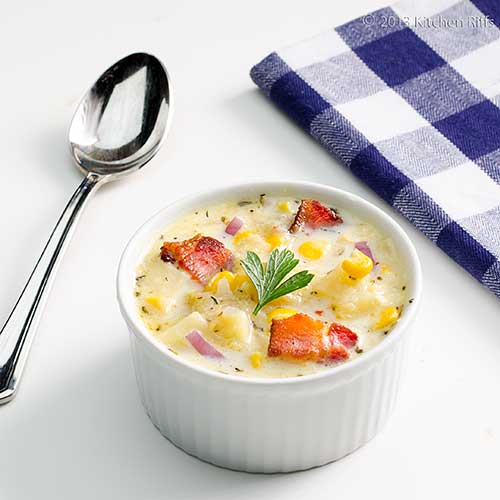 Kitchen Riffs: Winter Squash, Corn, and Bacon Chowder