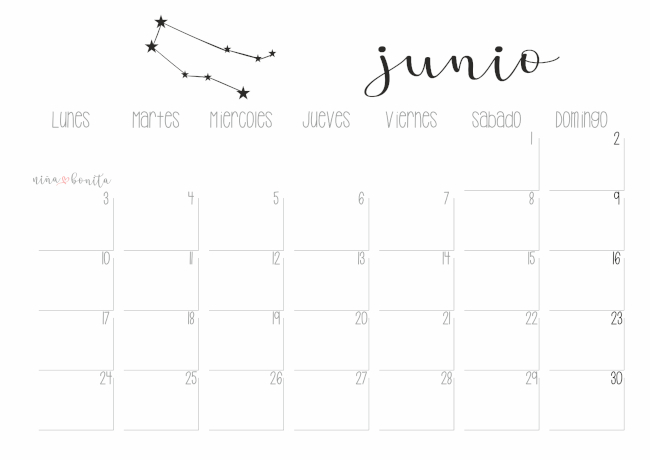Imprimible: Calendario junio 2019 - Niña Bonita