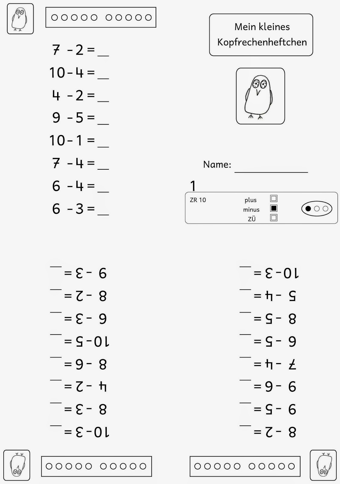 Lernstübchen: Kopfrechenheftchen ZR 10 minus