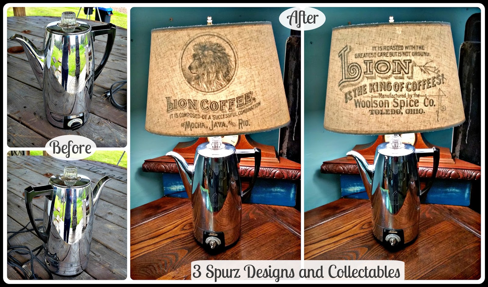 3 Spurz DandC Repurposed /Refurbished Creations!!: Vintage Coffee Pot Lamp