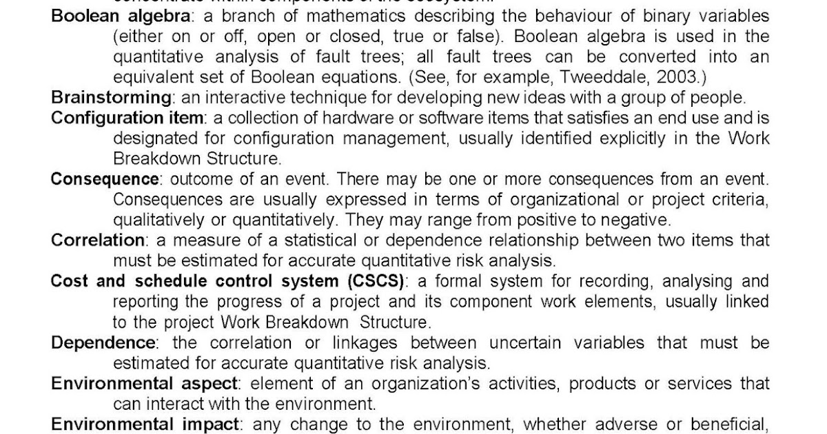 GLOSSARY and DEFINITION: GLOSSARY PROJECT RISK MANAGEMENT GUIDELINES