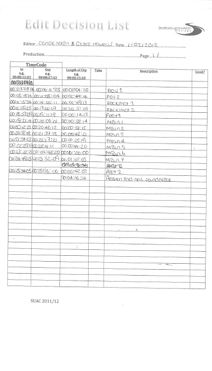 A2 Media - Grace Howells: Edit Decision List - Used when editing in Finalcut Pro
