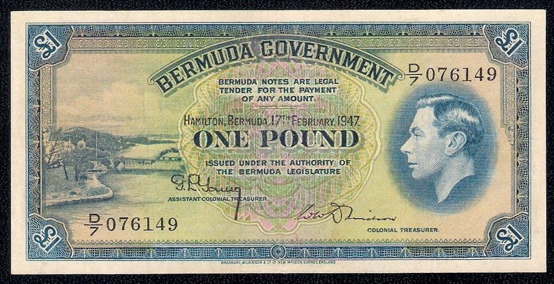 British banknotes ₤1 Bermudian Pound note 1947 King George VI ...
