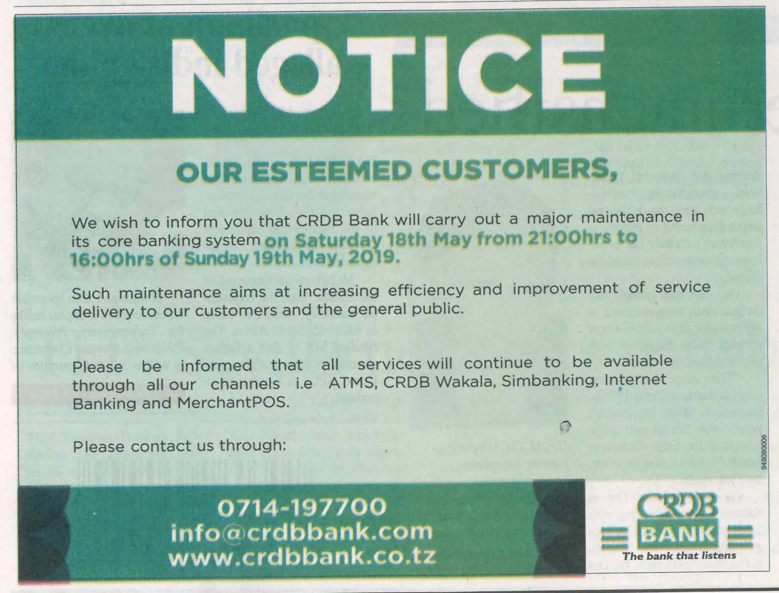 Kitomari Banking & Finance Blog: NOTICE TO CRDB BANK ESTEEMED CUSTOMERS