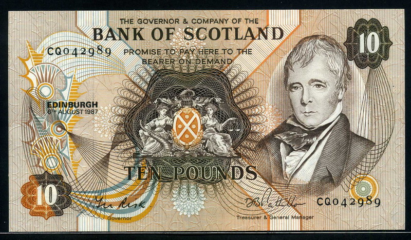 Bank of Scotland currency 10 Pounds banknote, Sir Walter Scott|World ...
