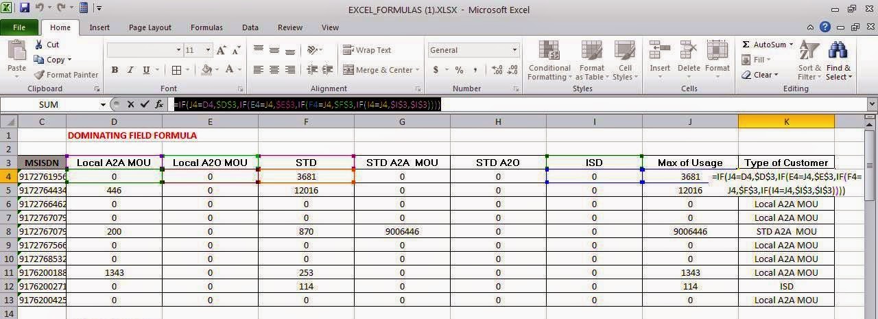 Excel Formula's Used in Telecom Industry