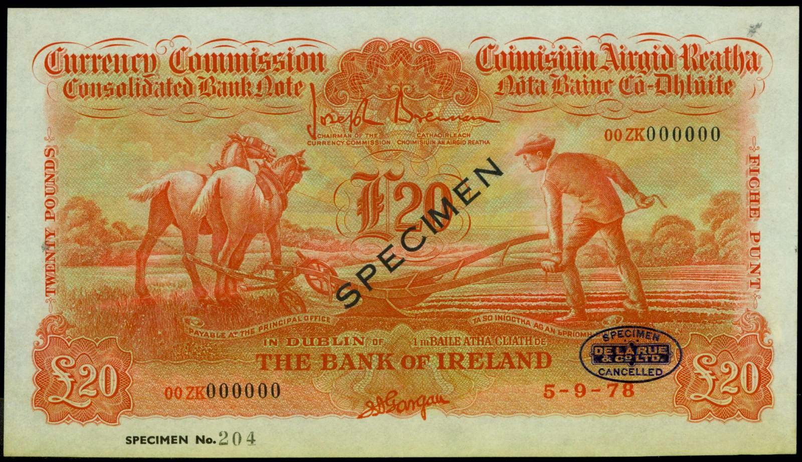 Ireland Currency 20 Pounds 1929 Ploughman Note|World Banknotes & Coins ...